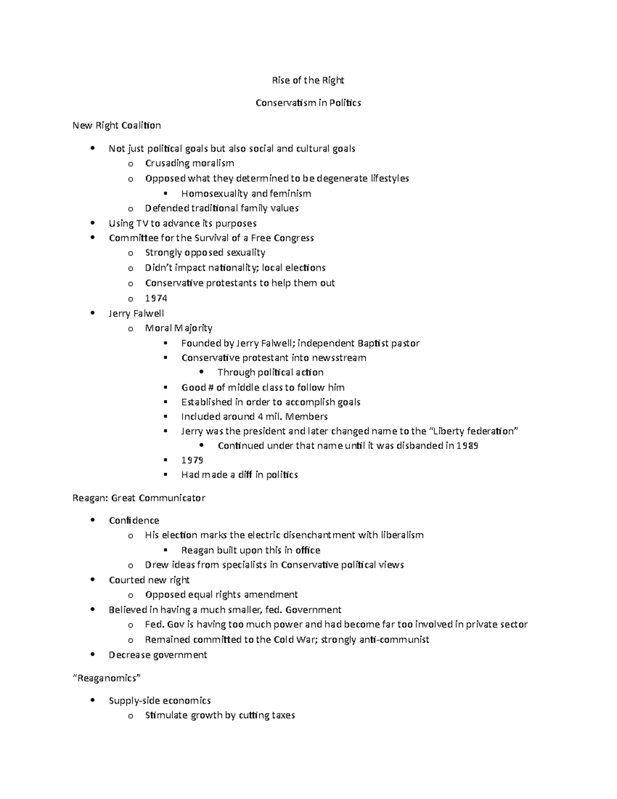 Rise of the Right - Lecture notes 9 - Rise of the Right Conservatism in ...