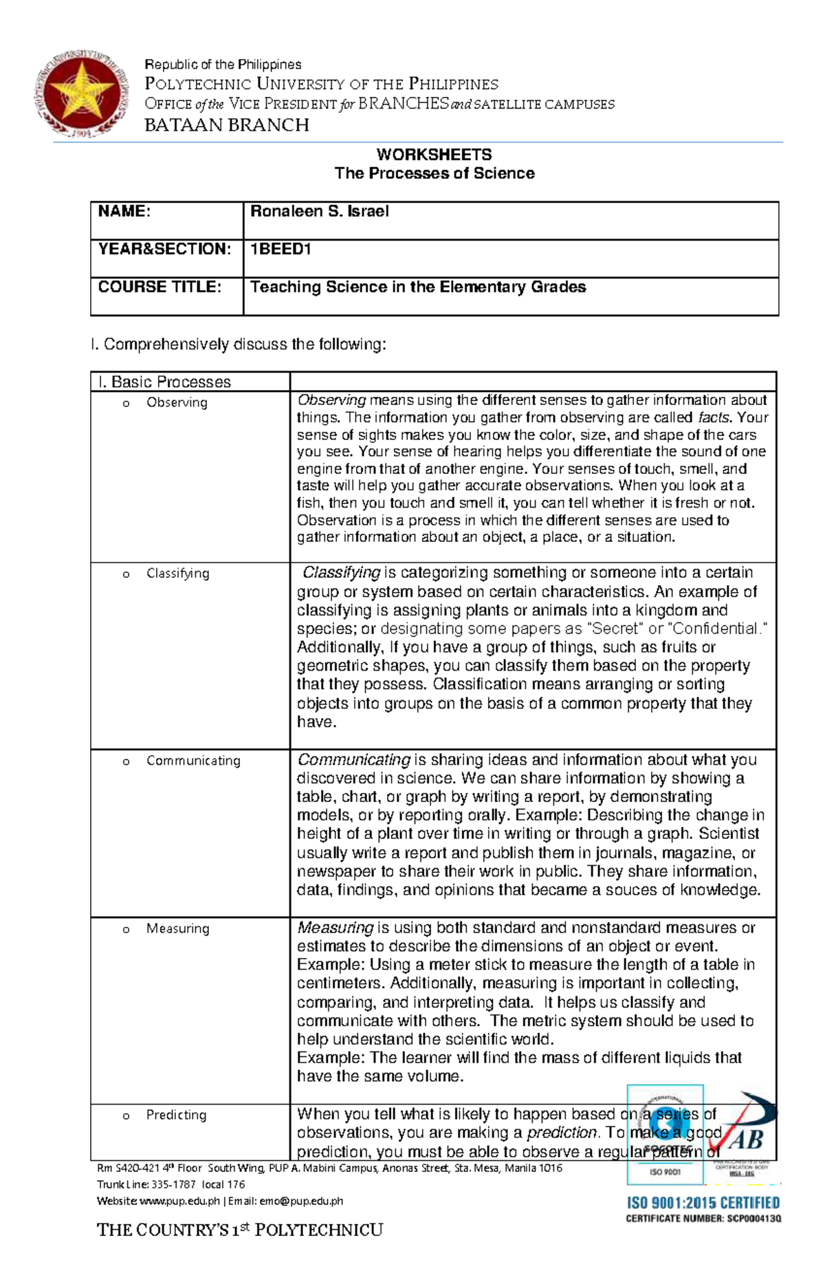 Worksheets - science - POLYTECHNIC UNIVERSITY OF THE PHILIPPINES OFFICE ...