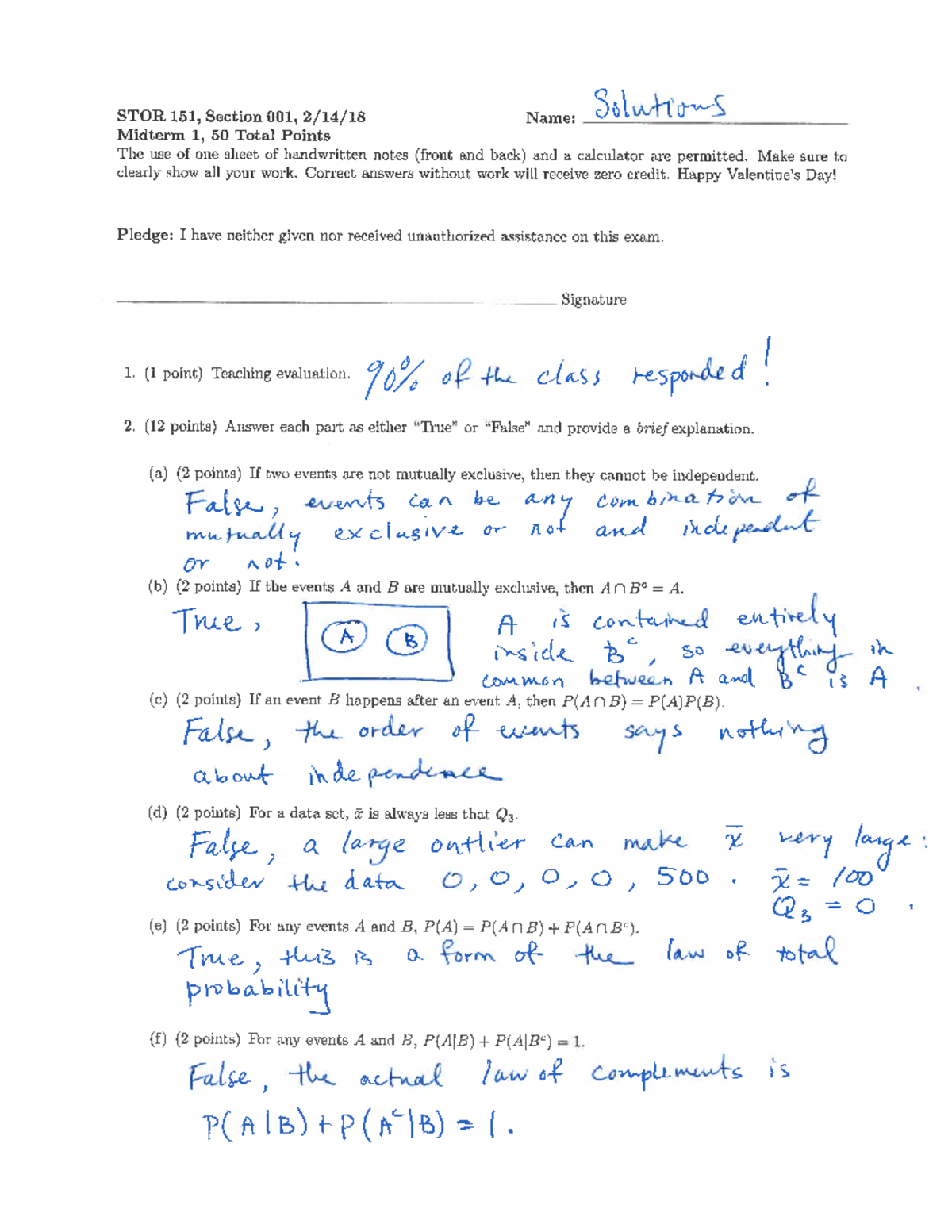 Midterm 1solutions - this is lecture notes from class - STOR 151 ...