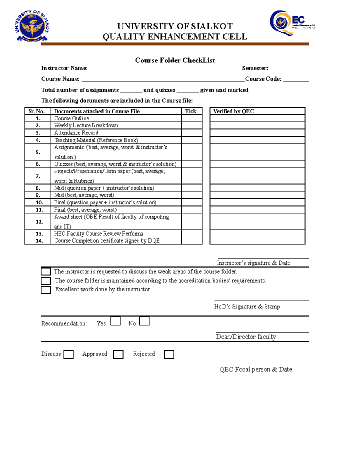 Revise Course Folder Checklist - UNIVERSITY OF SIALKOT QUALITY ...