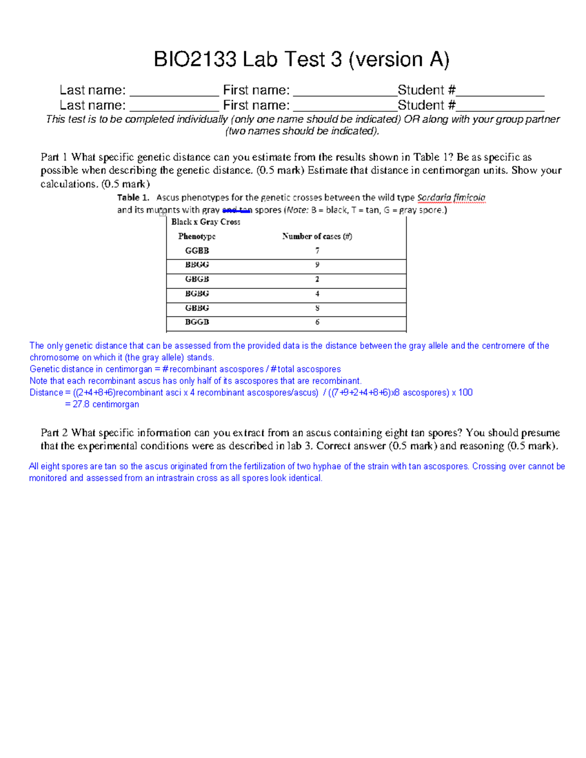 Lab test 3 version A answers - BIO2133 Lab Test 3 (version A) Last name ...