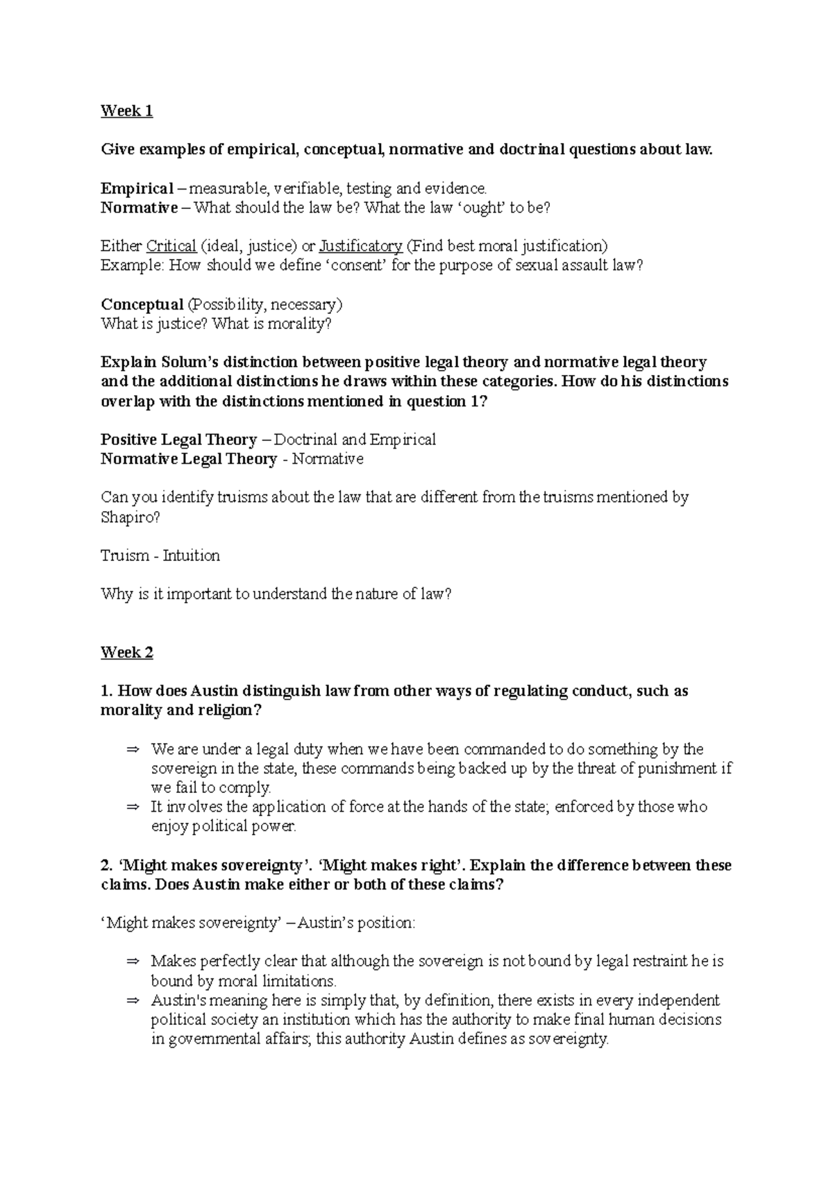 LAWS805 OCS - Lecture notes 1-8 - Week 1 Give examples of empirical ...