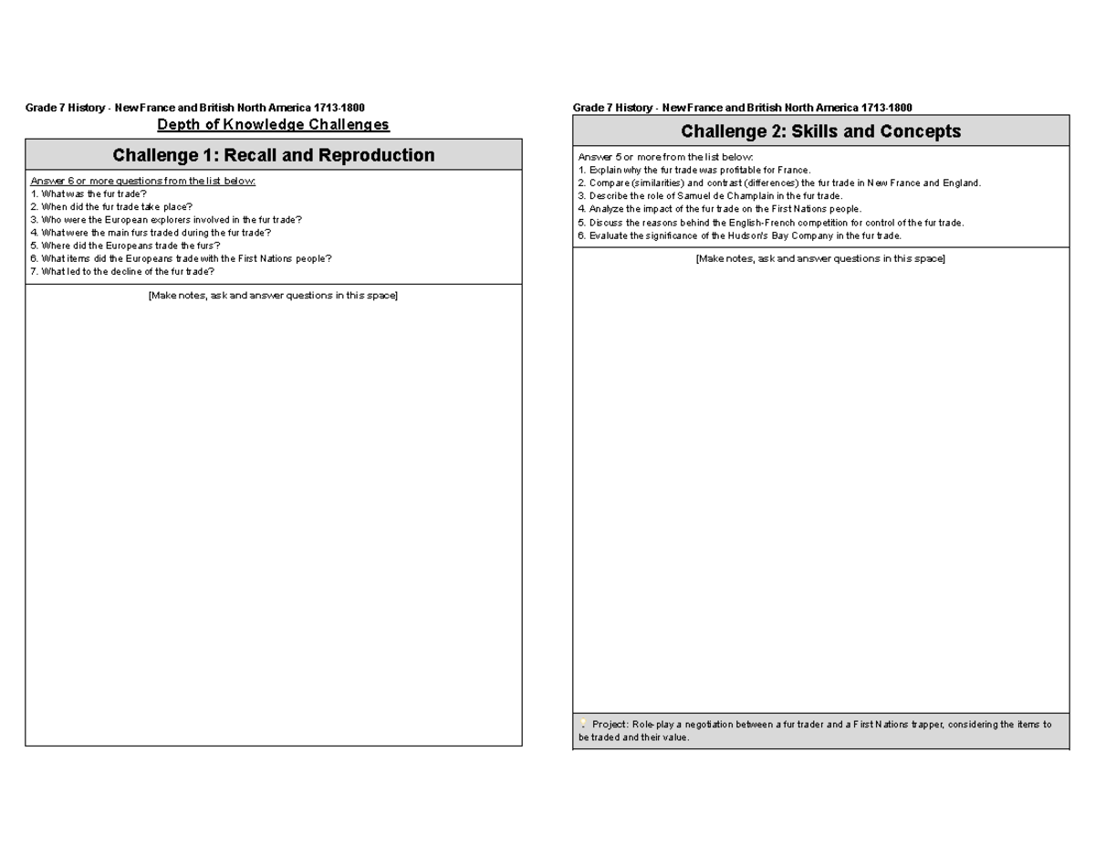 History 7 - New France and The Fur Trade - Challenge Questions - Grade ...