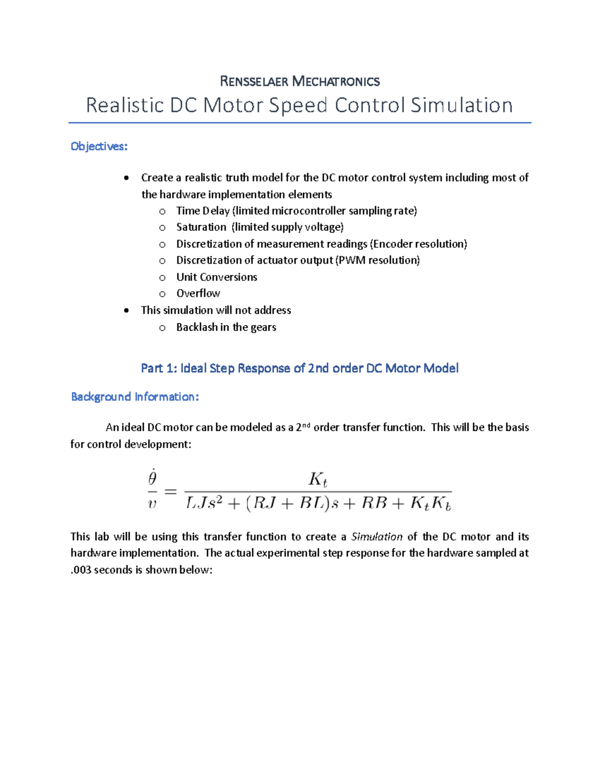 Lab 9 Realistic PI Controller Simulation R10 2020a - RENSSELAER MECHATRONICS Realistic DC Motor ...