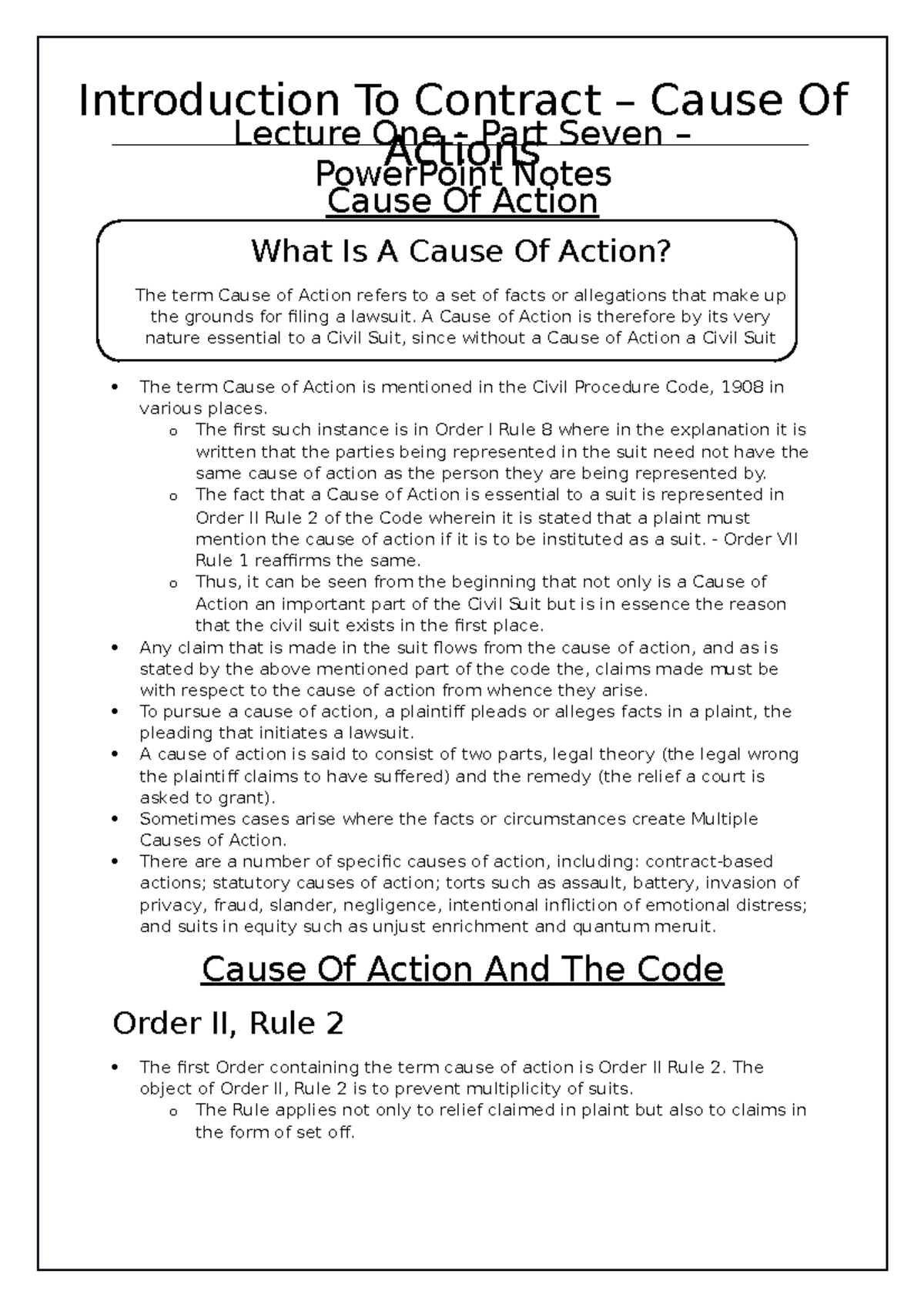 What Is Contract? - Lecture One Part 7 - Cause Of Action The term Cause ...