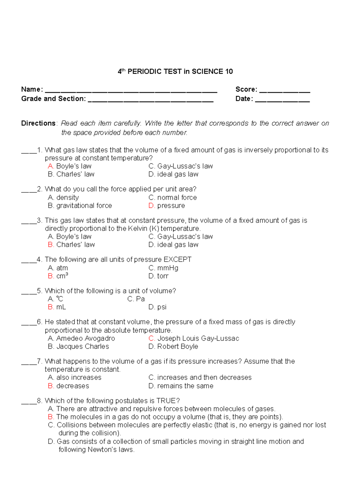 Periodic Test Science 10 Q4 - 4 th PERIODIC TEST in SCIENCE 10 Name ...