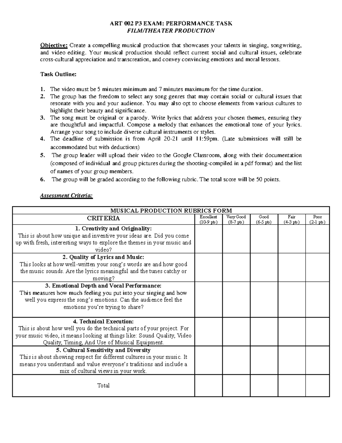 Musical- Production - Yes, It's - ART 002 P3 EXAM: PERFORMANCE TASK ...