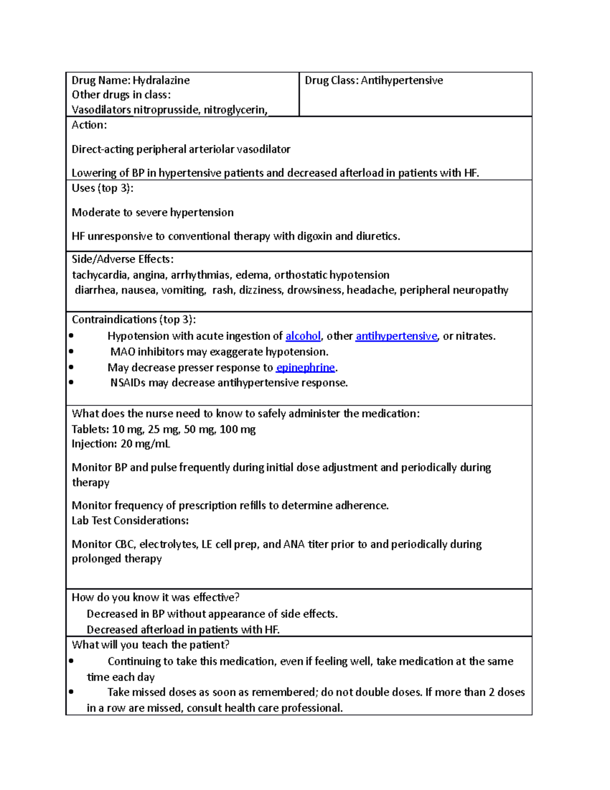 Hydralazine - Med card - Drug Name: Hydralazine Other drugs in class ...