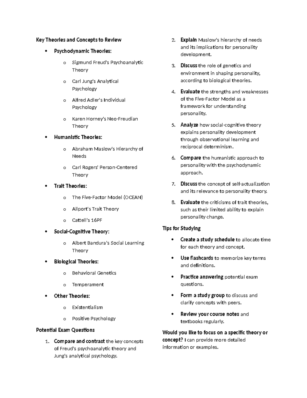 Key Theories and Concepts to Review - Compare and contrast the key ...