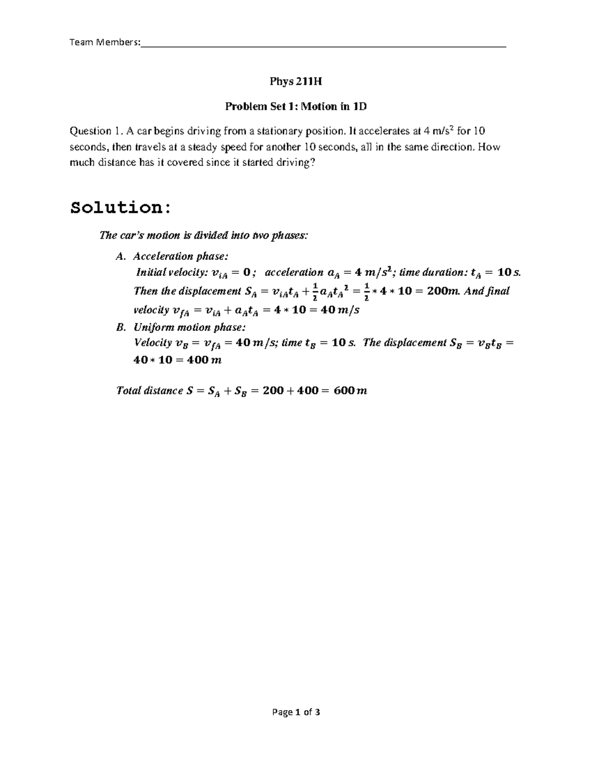 Solution of Recitation 1 1DMotion - Team - Studocu