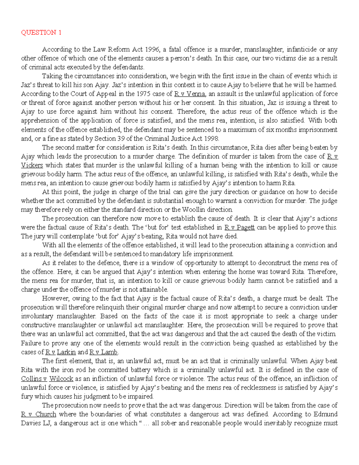 Crim law murder essays - QUESTION 1 According to the Law Reform Act ...