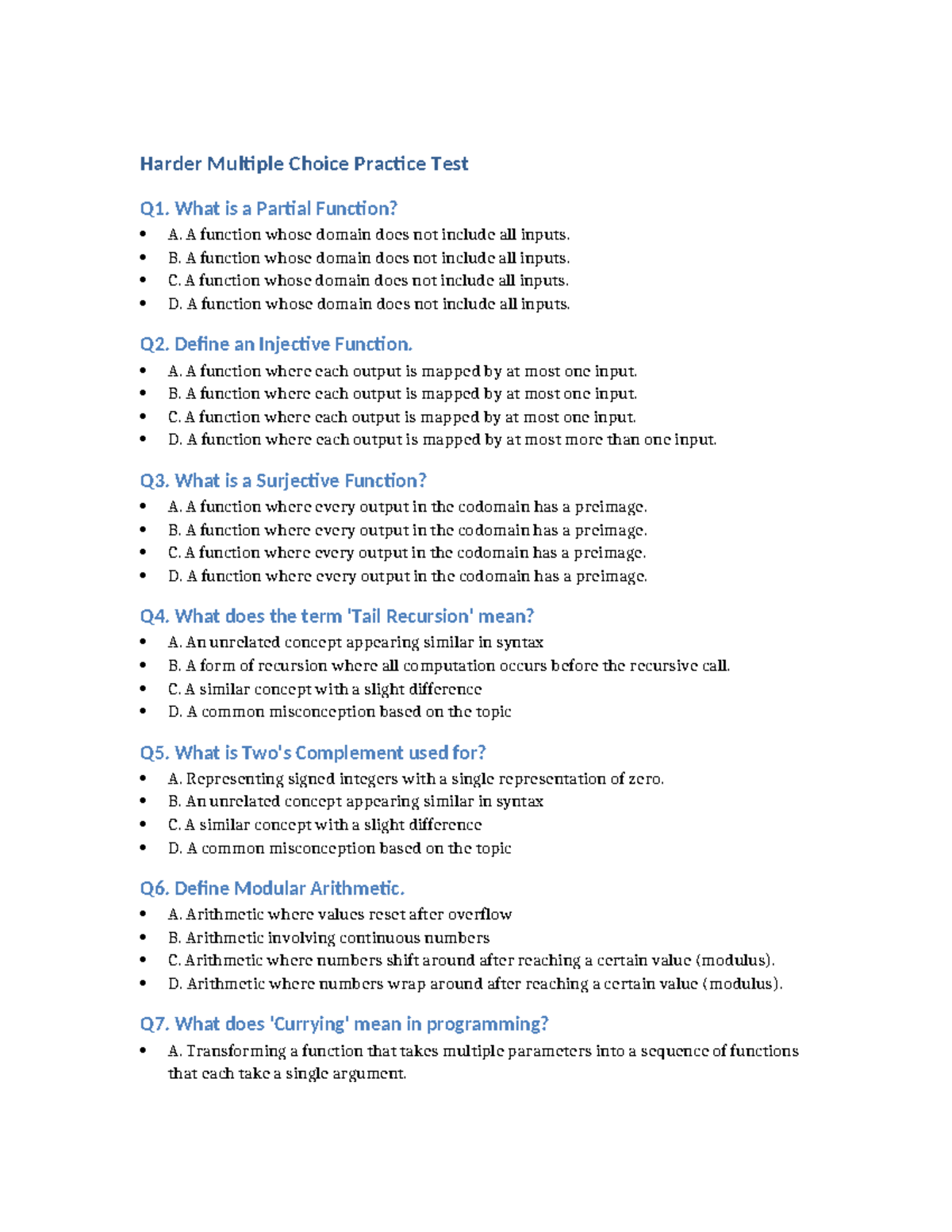 Harder Multiple Choice Practice Test - What is a Partial Function? A. A ...
