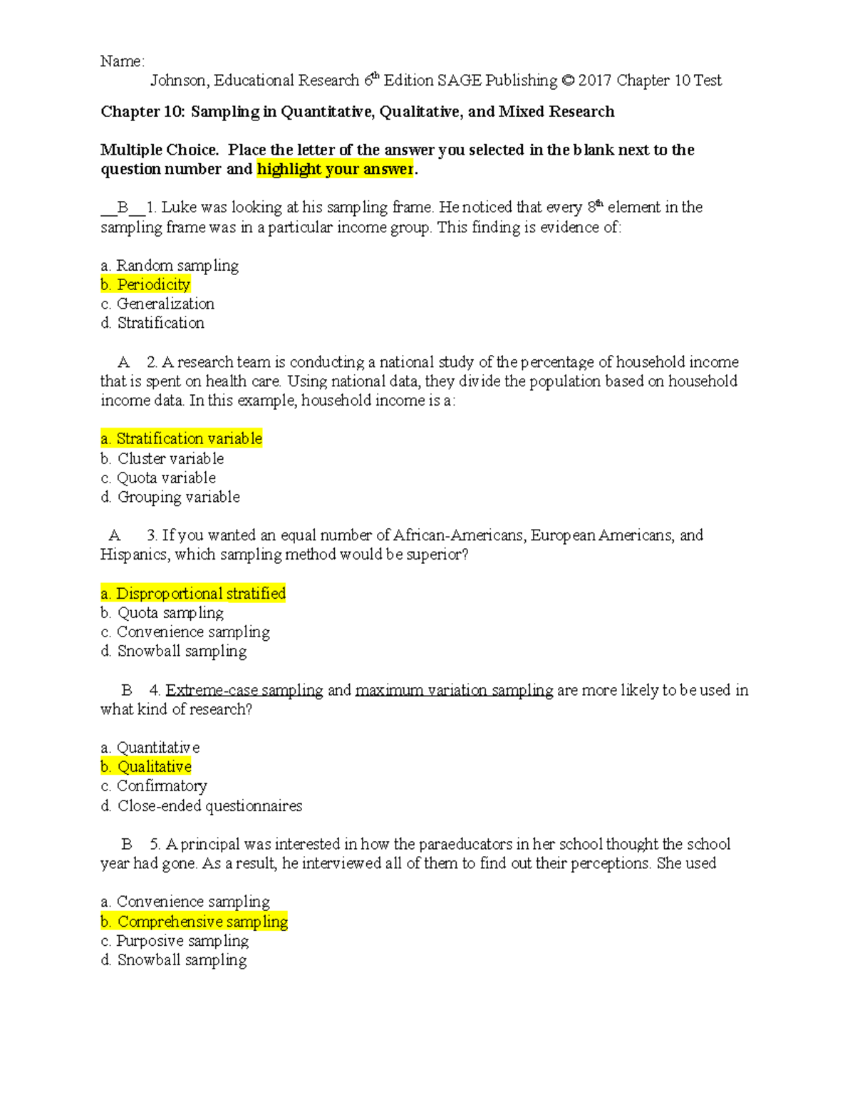 Johnson 6e Ch10 Test Student Version - Johnson, Educational Research ...