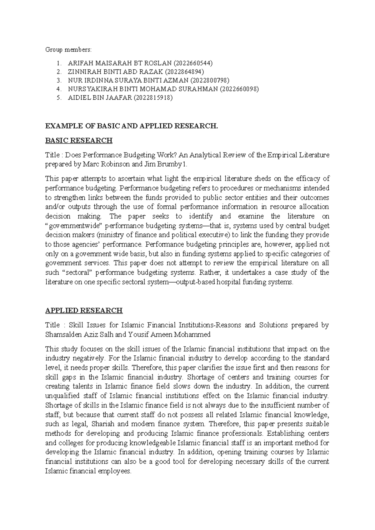 Example of Basic & Applied research - Group members: 1. ARIFAH MAISARAH ...