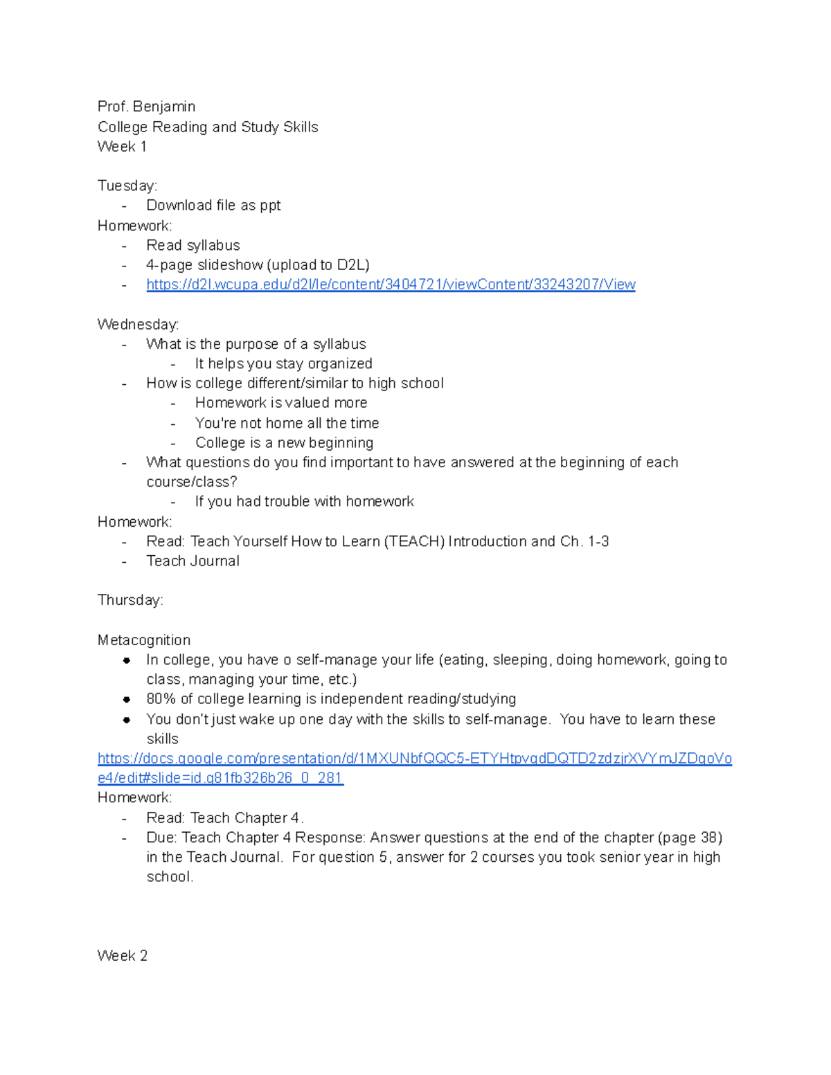 EDR 120 notes - Prof. Benjamin College Reading and Study Skills Week 1 ...