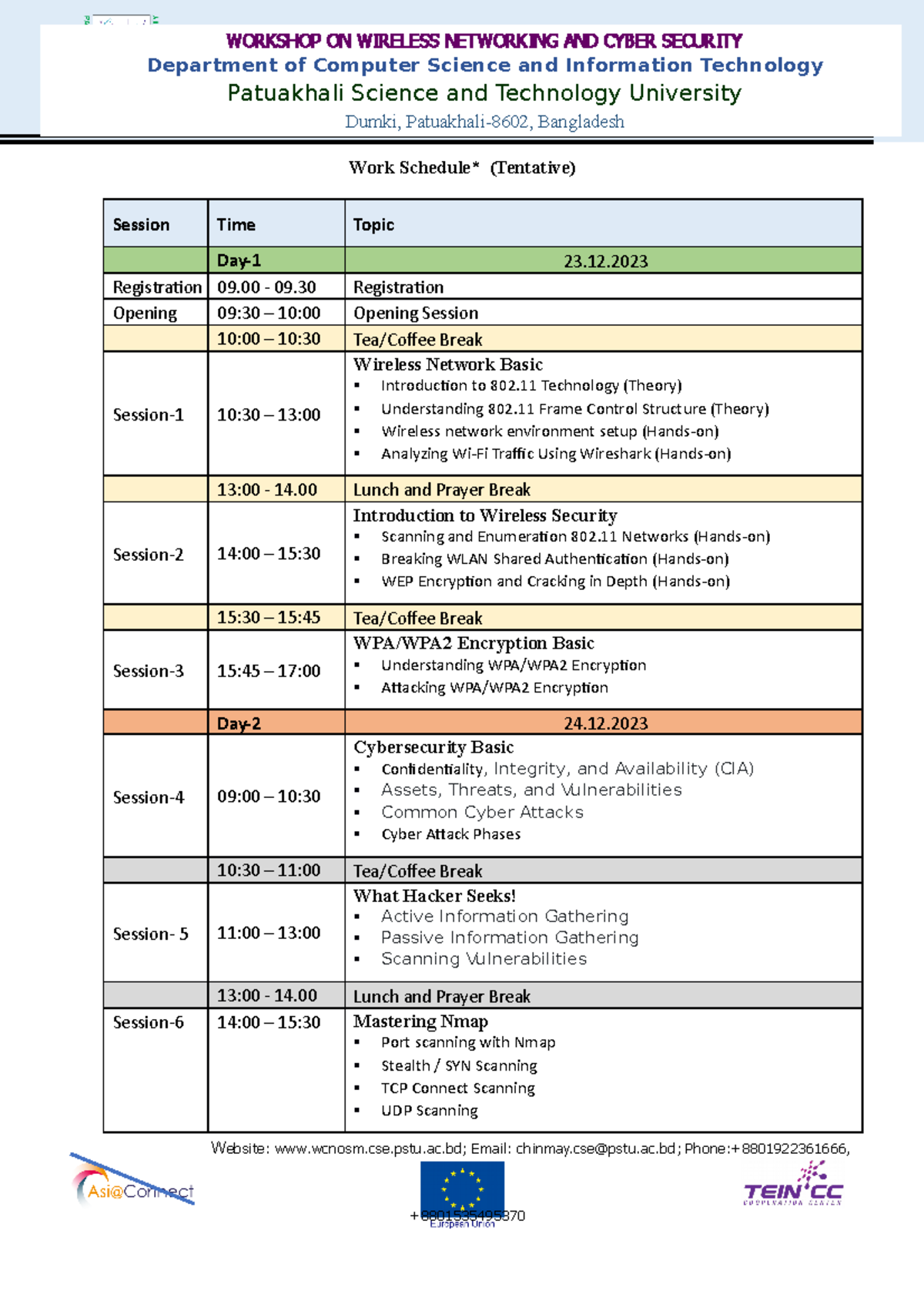 Workshop Schedule for 3 days - Work Schedule* (Tentative) Session Time ...