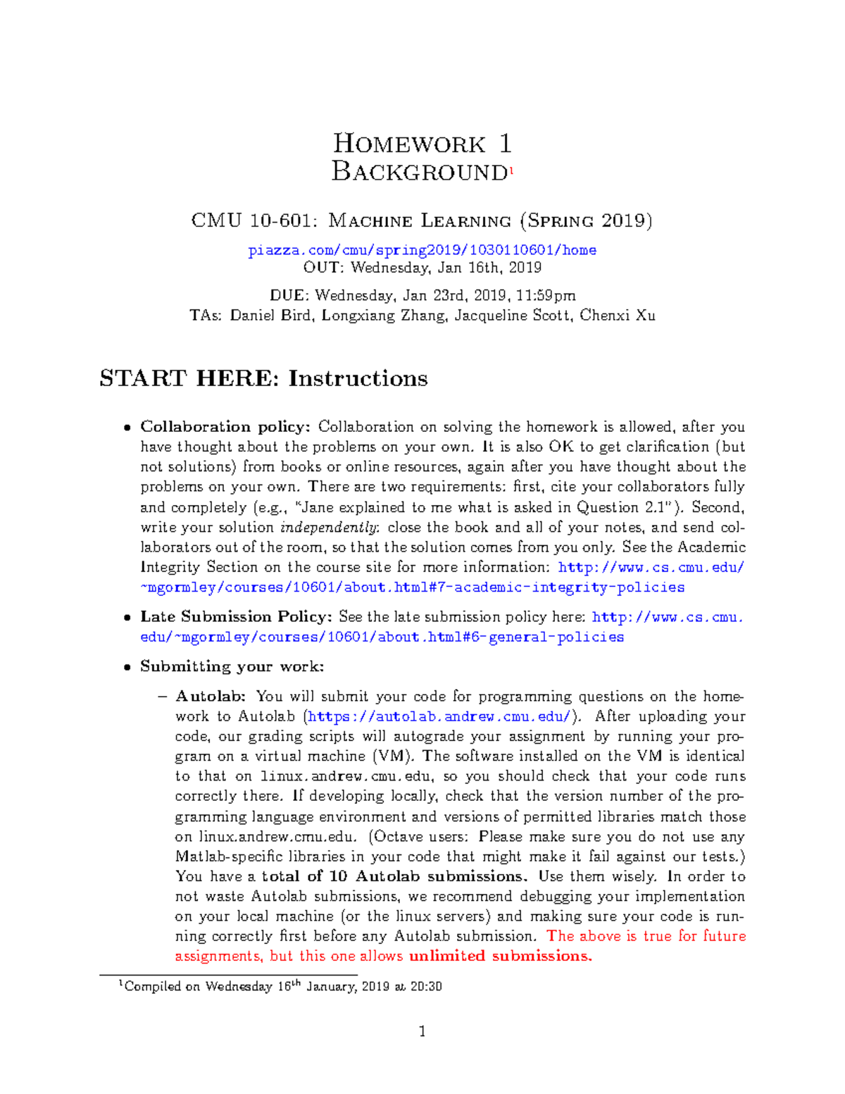 S19 10 601 HW1 - Homework 1 Background 1 CMU 10-601: Machine Learning ...