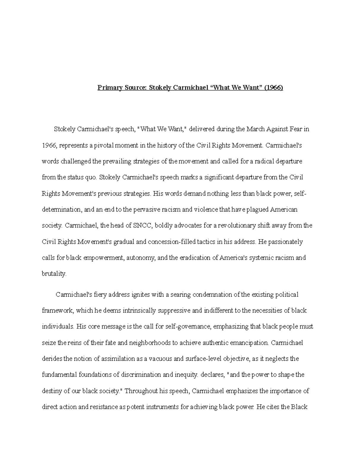 Carmicheal primary source - Primary Source: Stokely Carmichael “What We ...