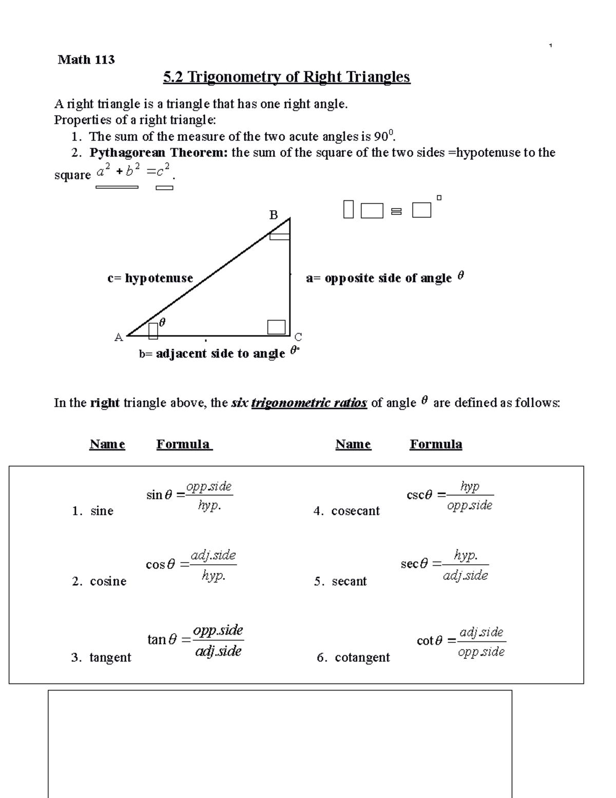 5.2 Right Triangle Trigonometry - Math 113 5 Trigonometry of Right ...