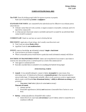 Torts Rough Outline - Syllabus Chapter 1: Development of Liability ...