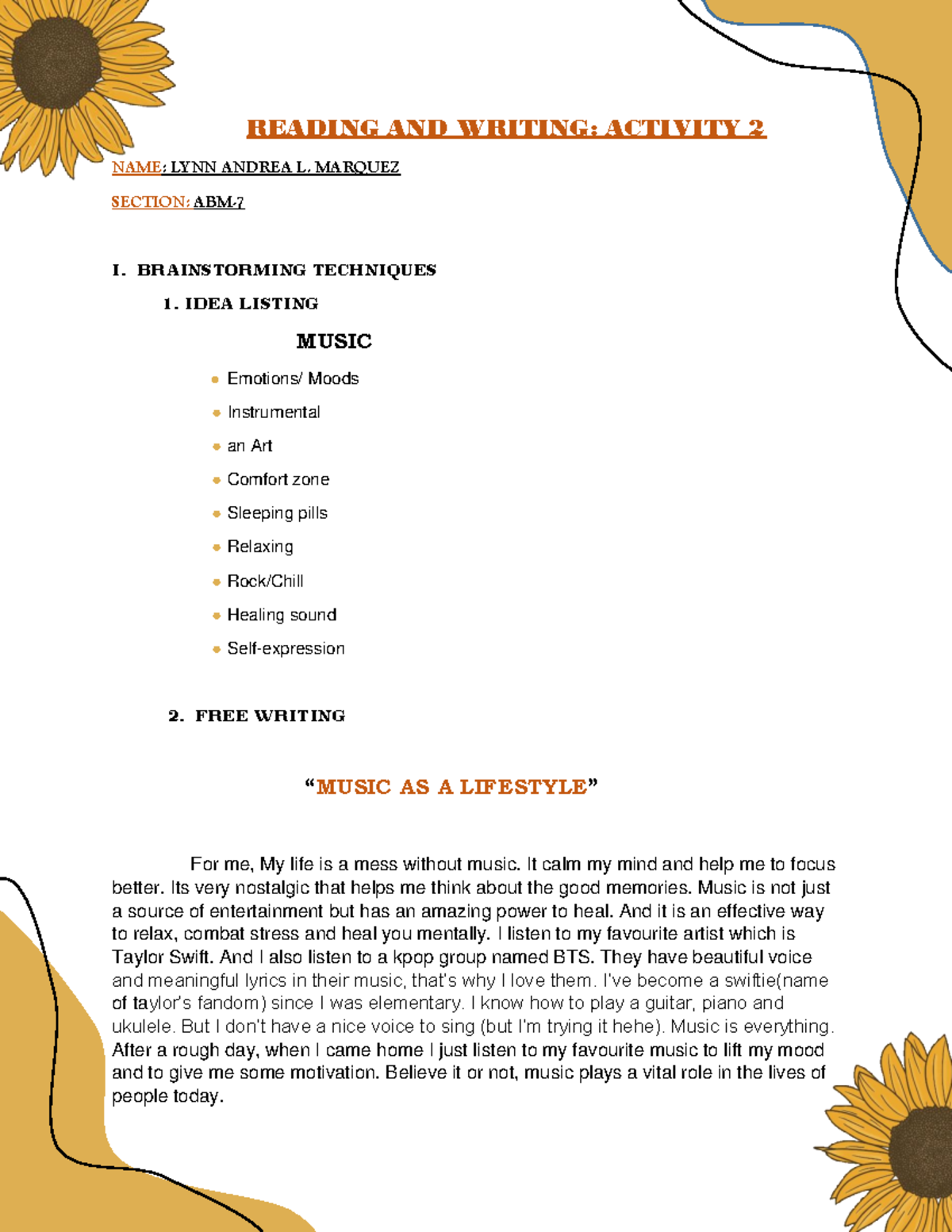 BRAINSTORMING TECHNIQUES - READING AND WRITING: ACTIVITY 2 NAME: LYNN ...