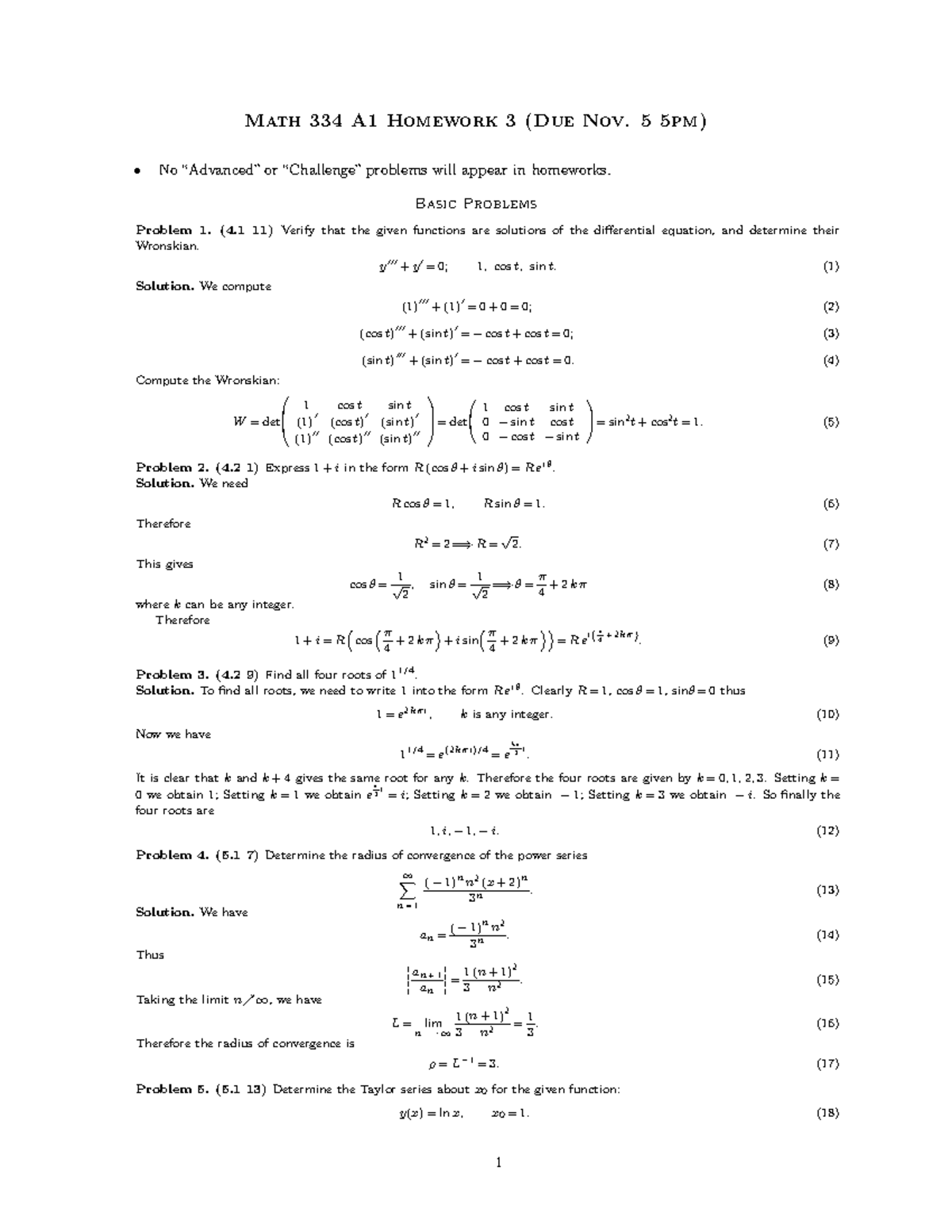 HW3 Solutions - MATH 2560 Spring 2017 HW3 Answer Key - Math 334 A1 Homework 3 (Due Nov. 5 5pm ...
