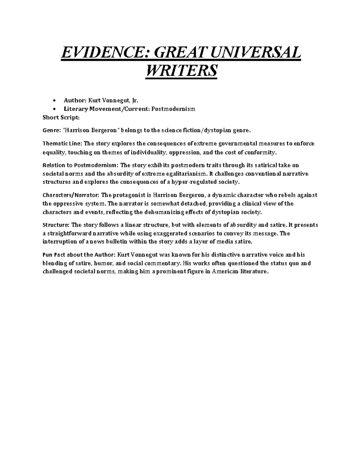 Evidence Great Universal Writers - EVIDENCE: GREAT UNIVERSAL WRITERS ...