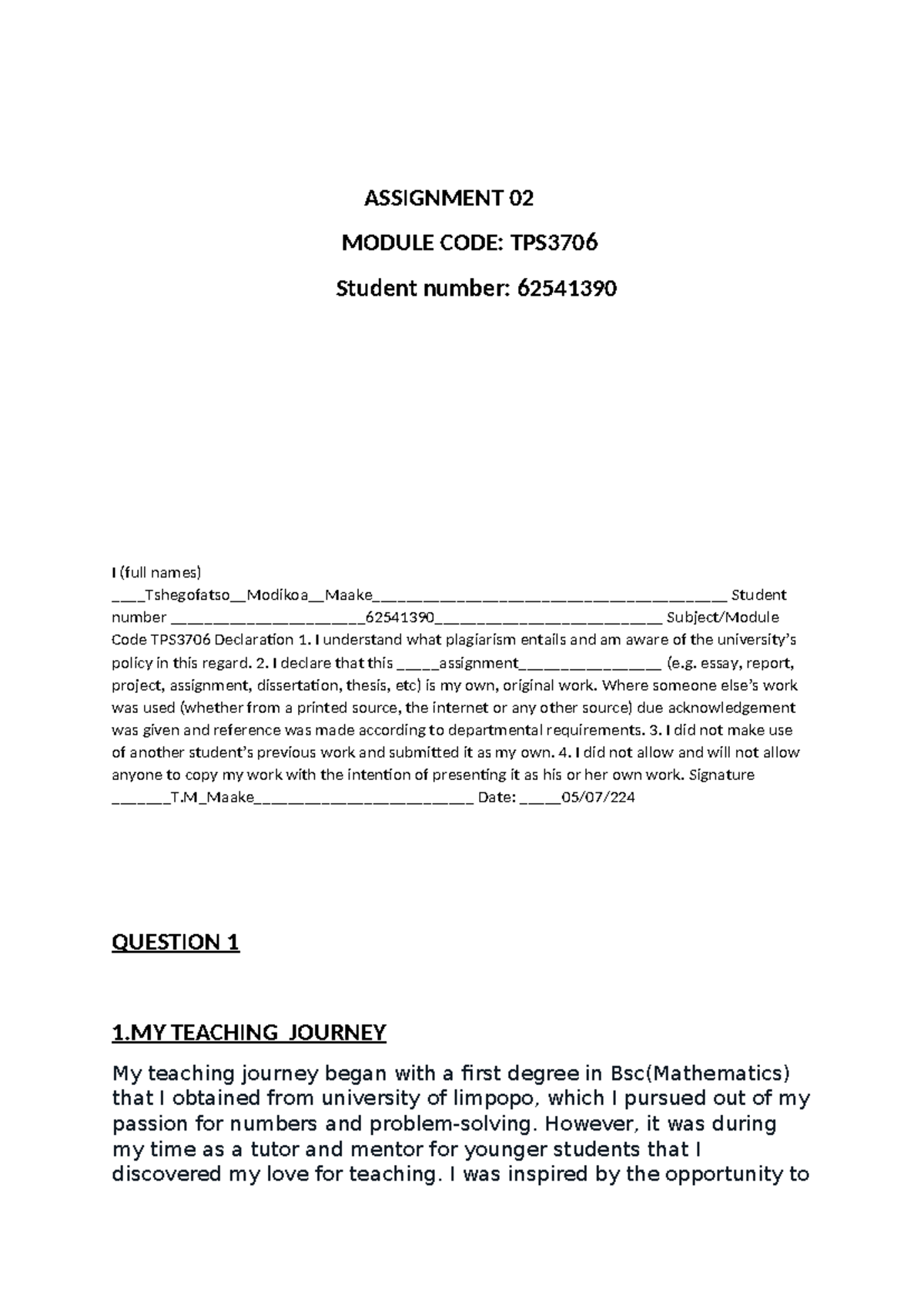 Assignment 02 TPS3706 - ASSIGNMENT 02 MODULE CODE: TPS Student number ...