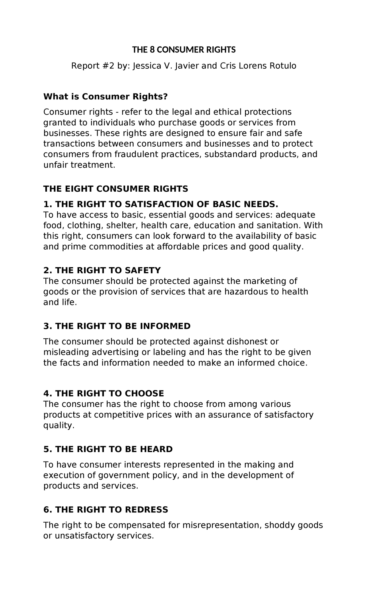 THE 8 Consumer Rights Handouts - THE 8 CONSUMER RIGHTS Report #2 by ...