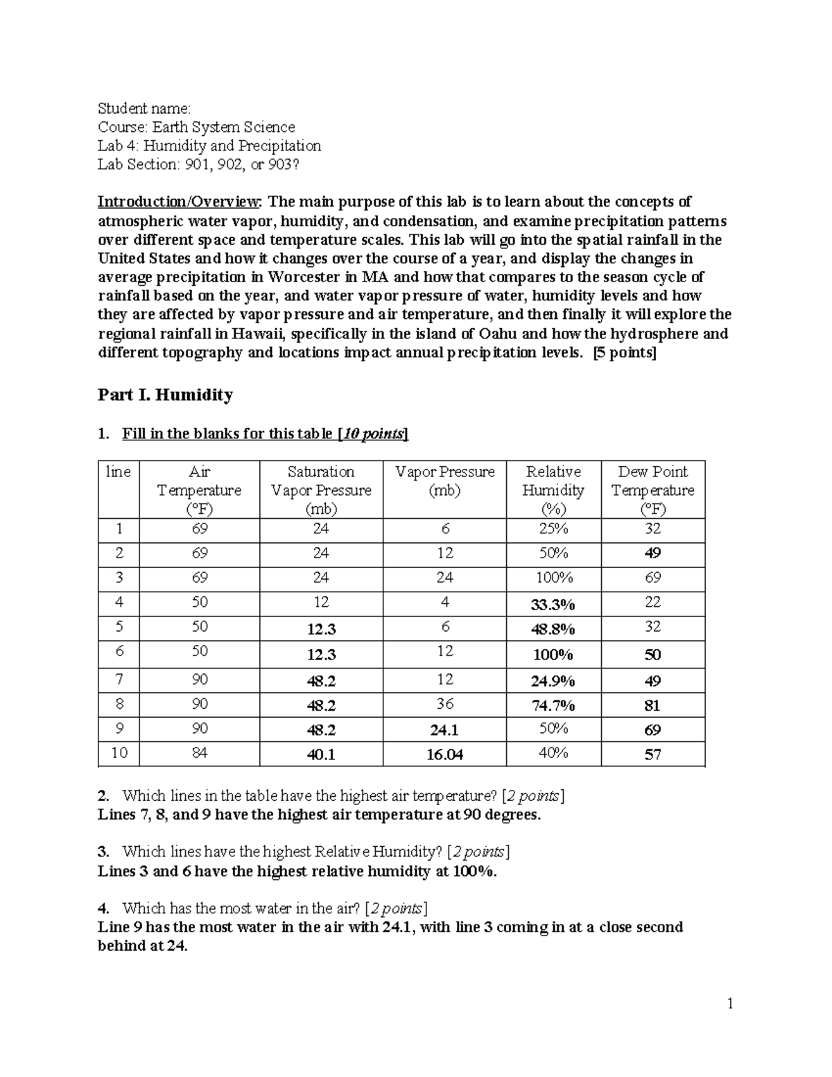 Orofino lab4 - Lab 4 - Student name: Course: Earth System Science Lab 4: Humidity and ...