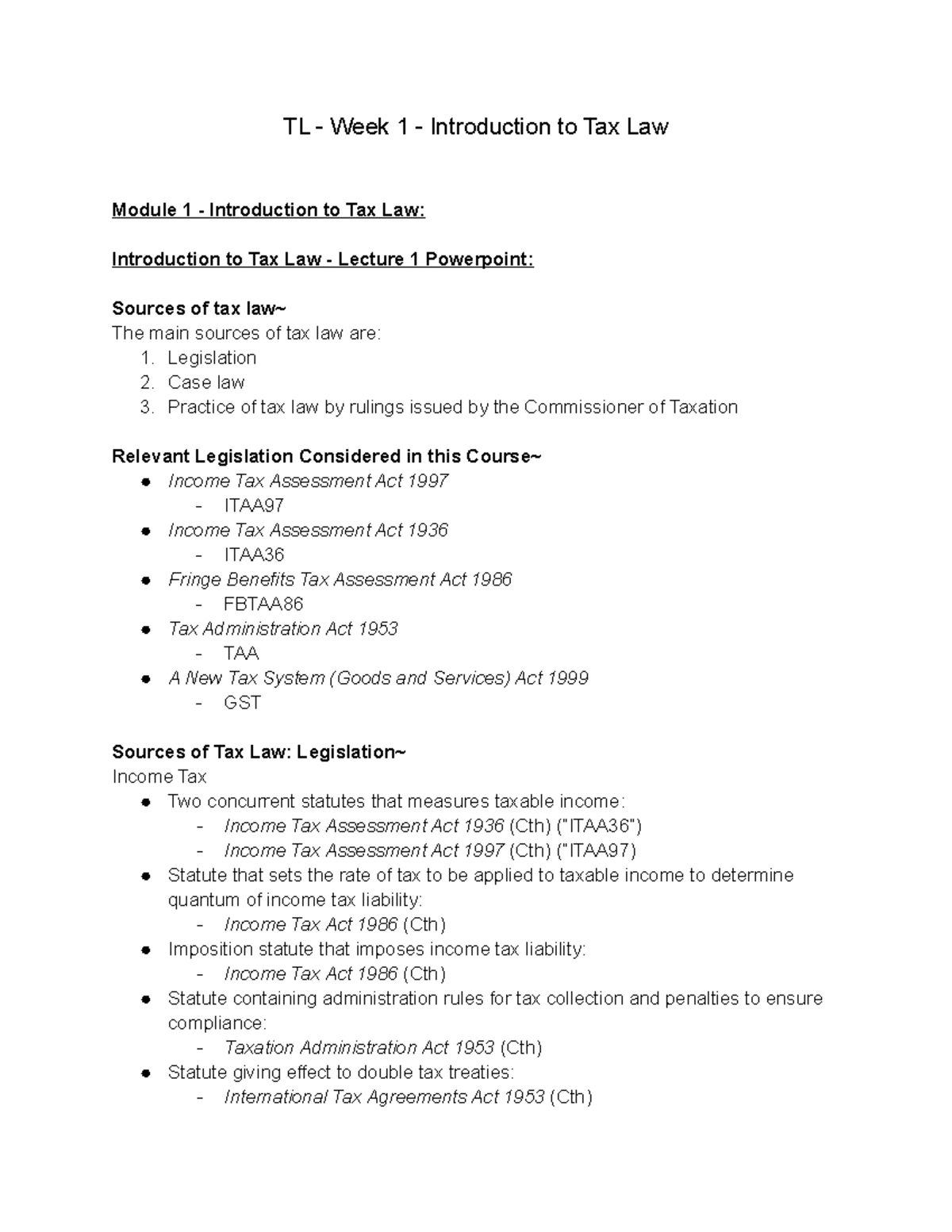 TL - Week 1 - this will help - TL - Week 1 - Introduction to Tax Law ...