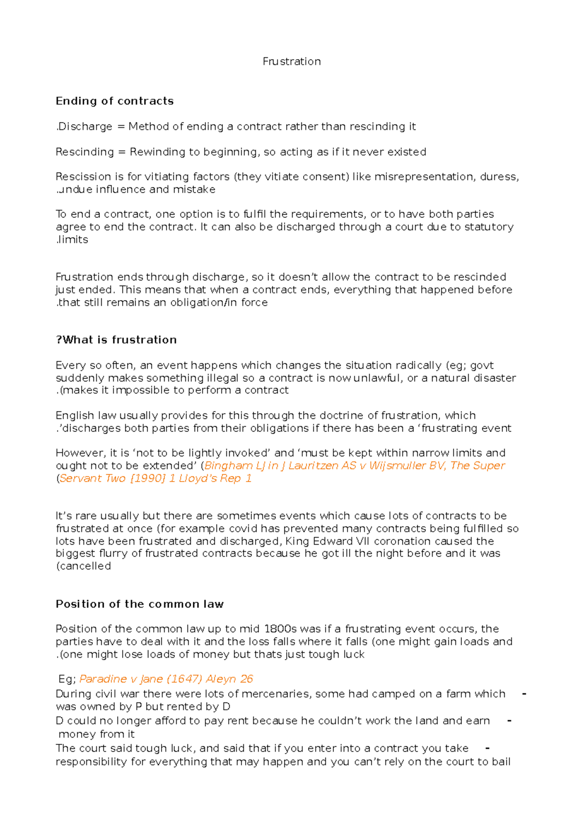 Frustration word - notes - Frustration Ending of contracts . Discharge ...