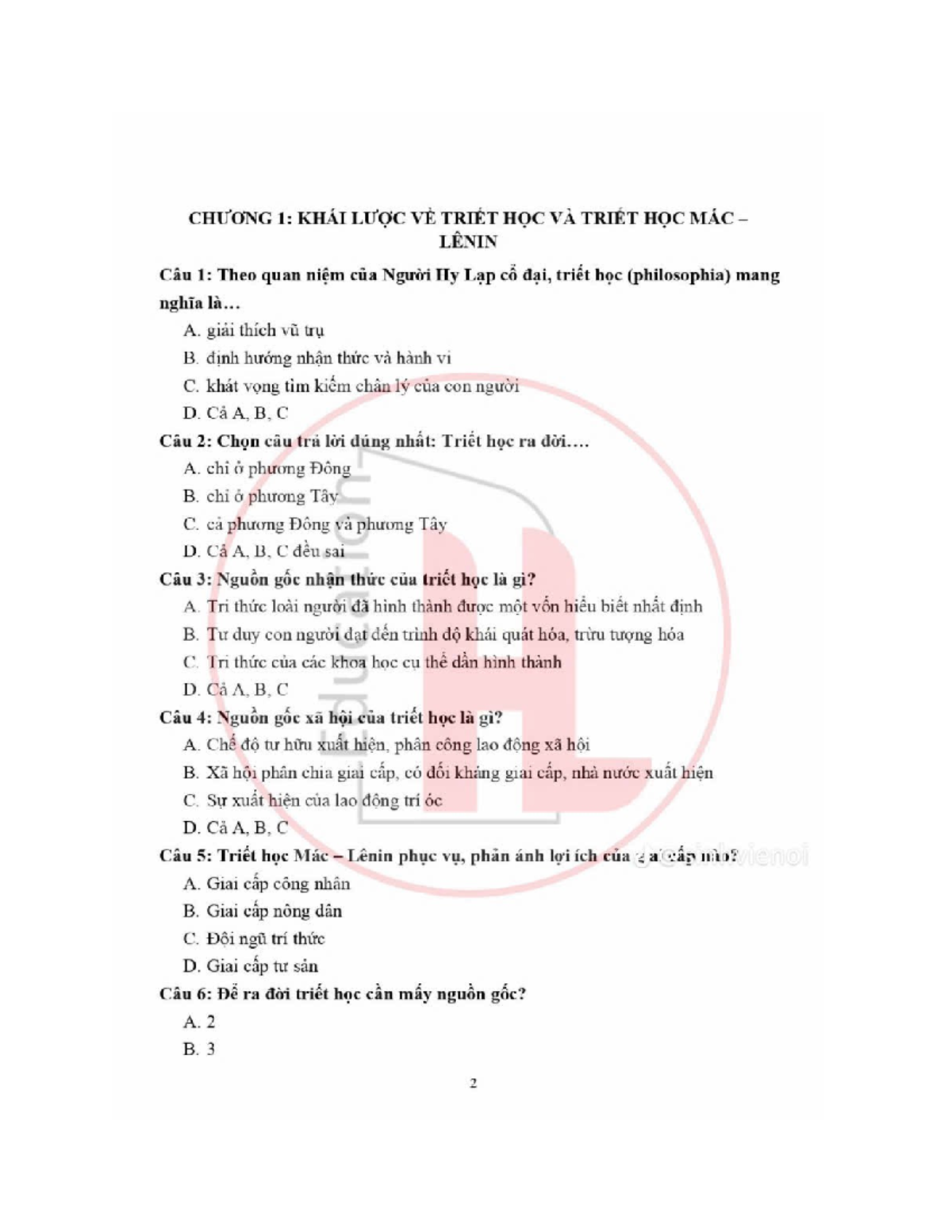 Tn6 - trắc nghiệm triết - CHUONG 1: KHAI LUGC VE TRIET HOC VA TRIET HOC MAC LENIN Cau 1: Theo ...