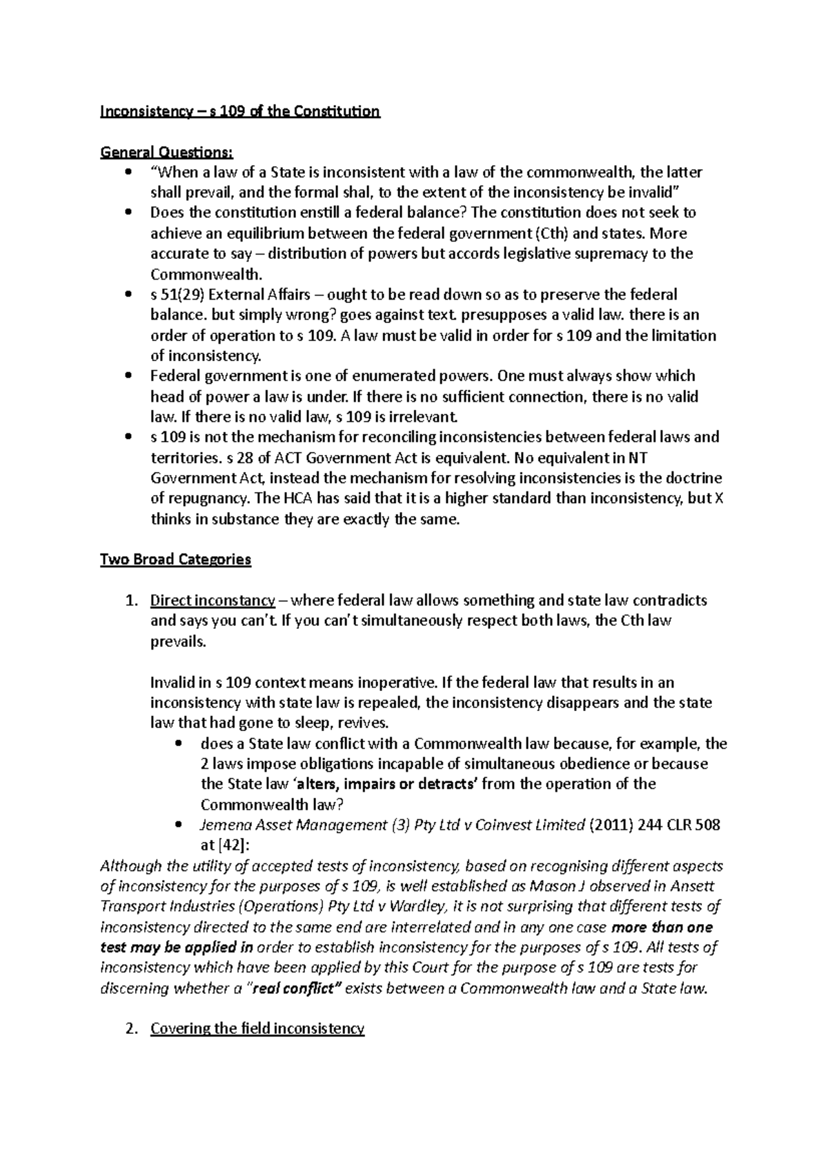 s 109 Inconsistency - Lecture Notes - Inconsistency – s 109 of the ...