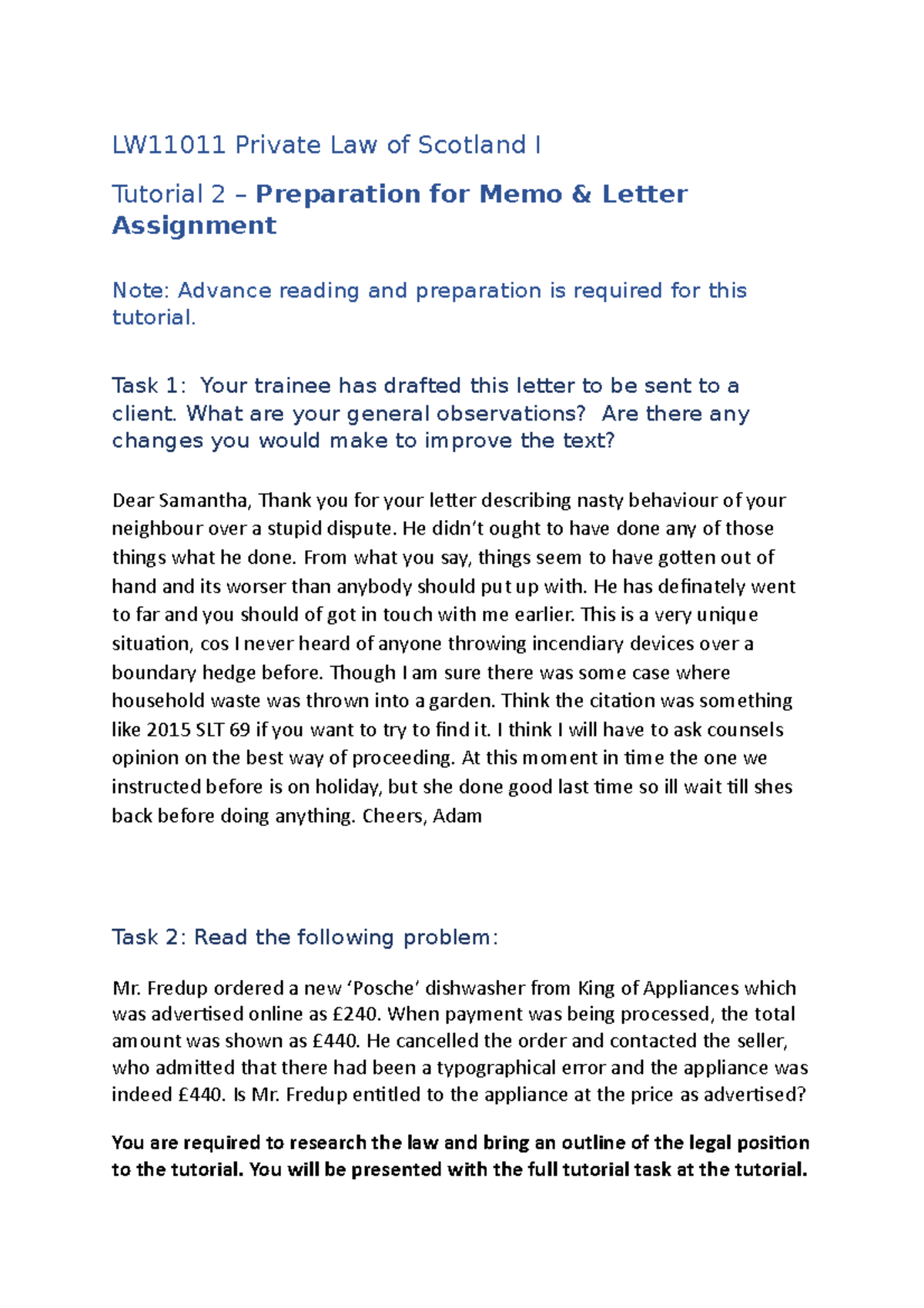 LW11011 PLS 1 - 2022 -Tutorial 2 memo letter - LW11011 Private Law of Scotland I Tutorial 2 ...