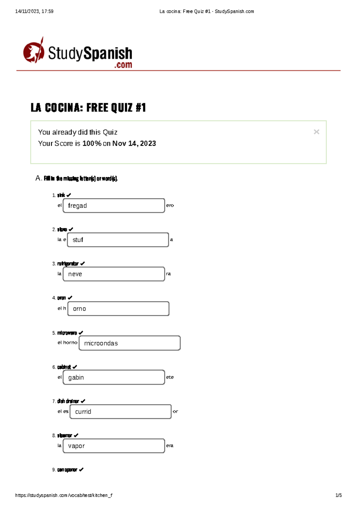La cocina Free Quiz #1 - Study Spanish - LA COCINA: FREE QUIZ You ...