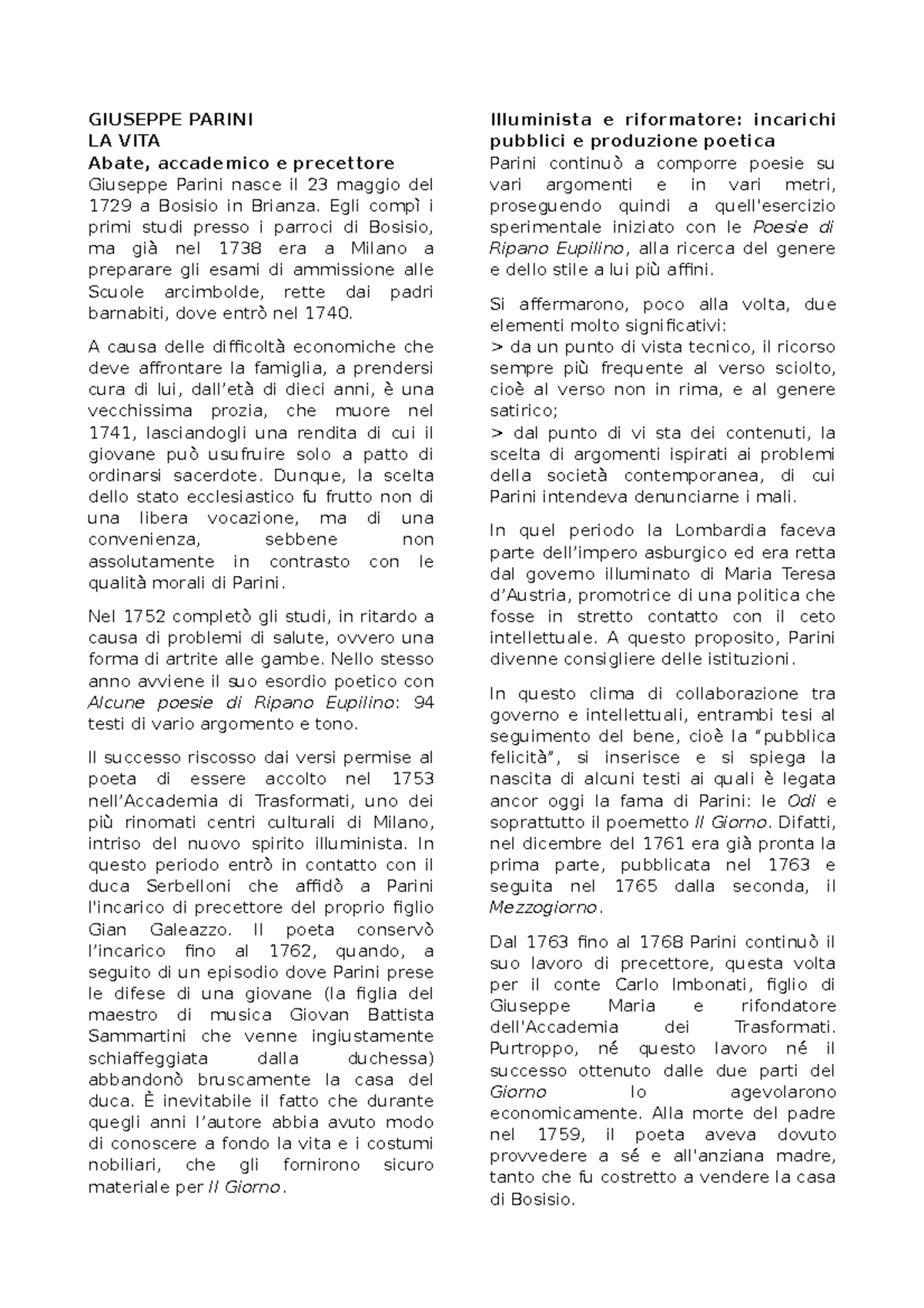 Giuseppe Parini - Riassunto - GIUSEPPE PARINI LA VITA Abate, accademico ...