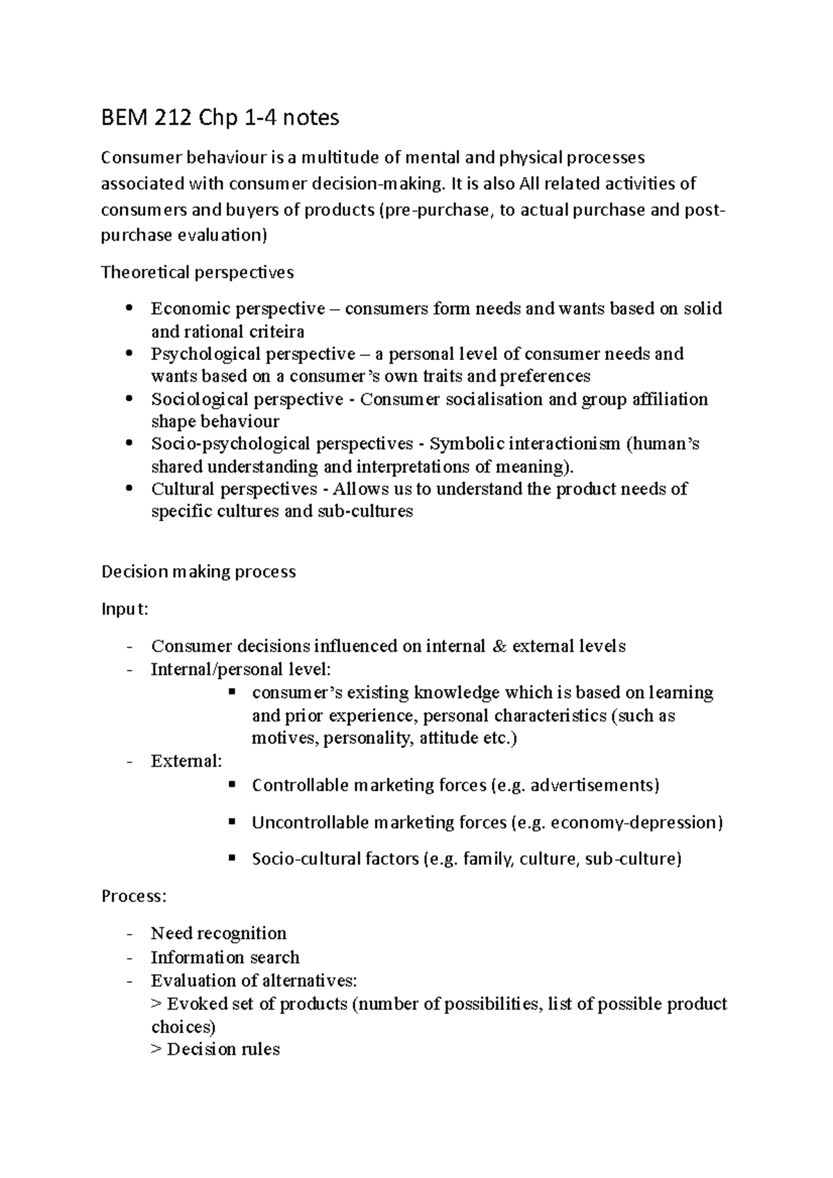 BEM 212 Chp 1-4 notes - BEM 212 Chp 1-4 notes Consumer behaviour is a ...