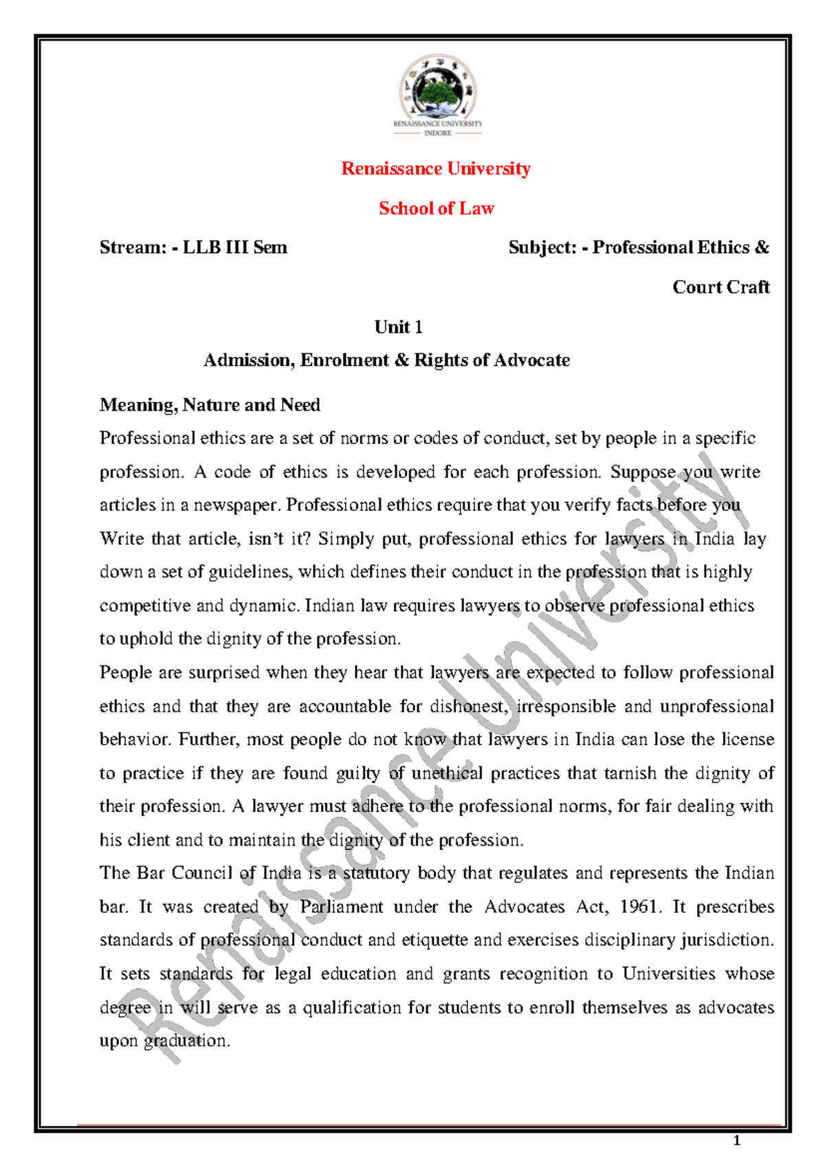 Professional Ethics RU LLB 3rd Sem NEW - School of Law Stream: - LLB III Sem Subject ...