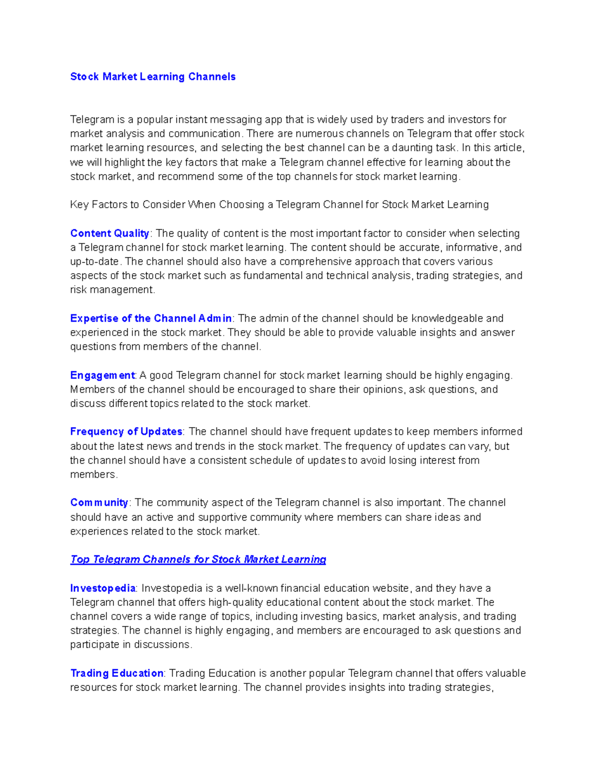 Stock Market Learning Channels - Stock Market Learning Channels ...