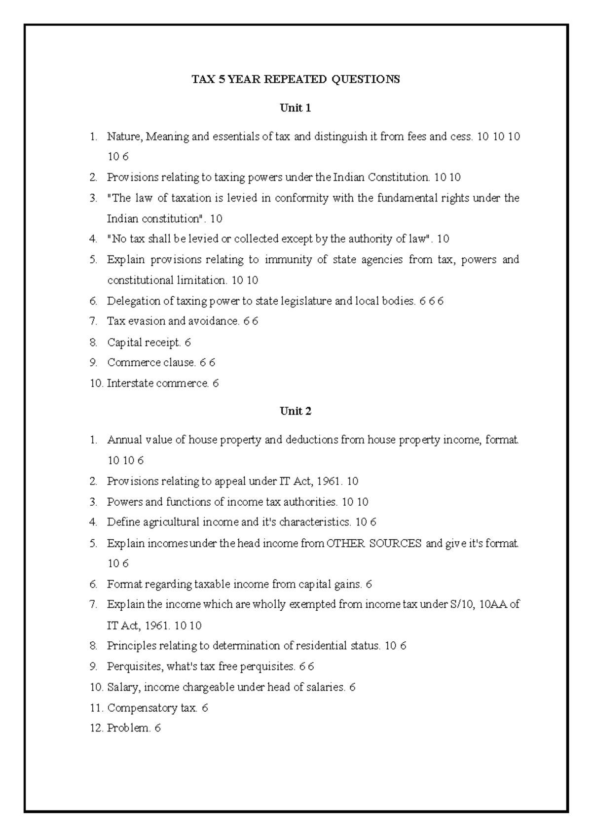TAX Repeated Questions - TAX 5 YEAR REPEATED QUESTIONS - Unit Nature ...