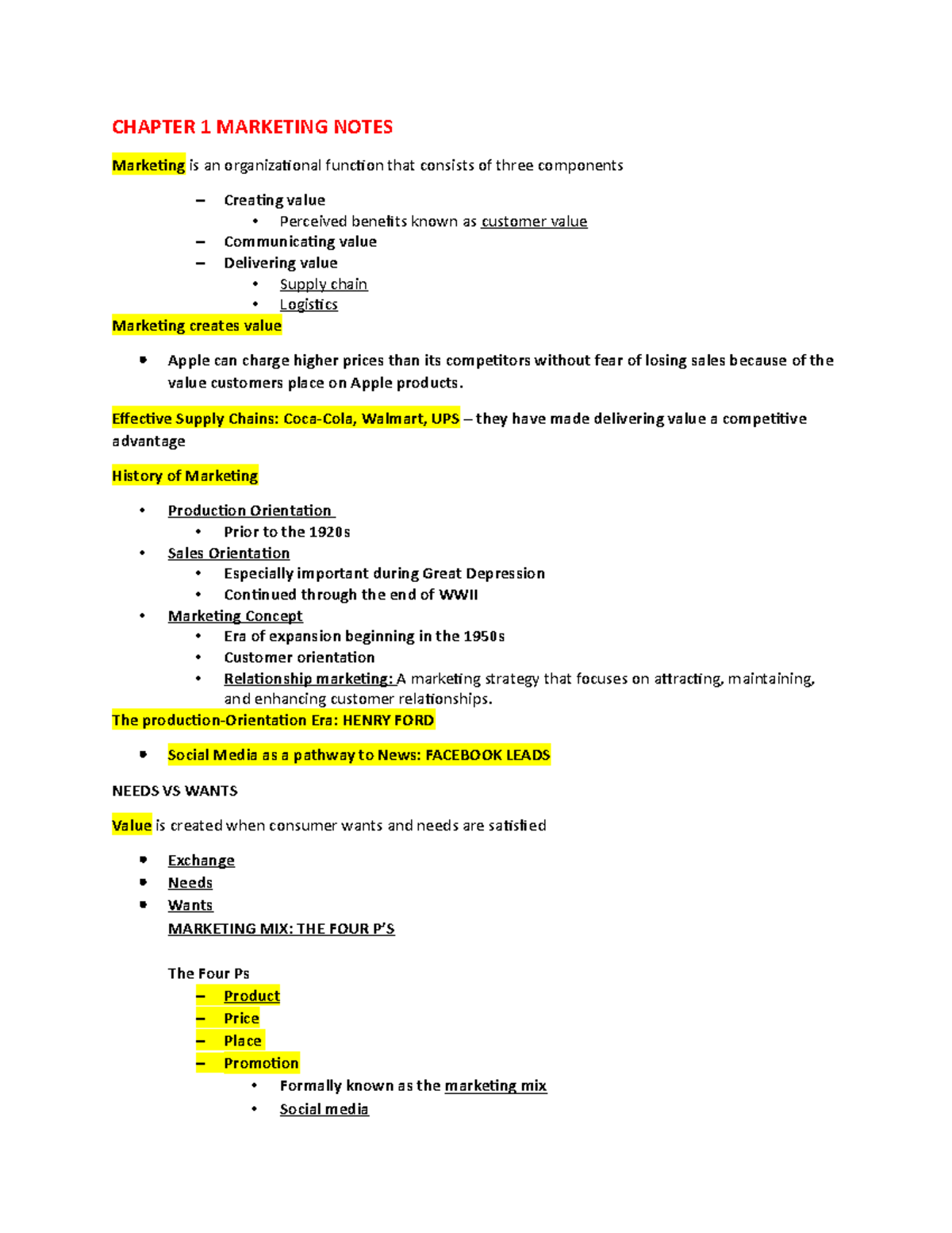 Chapter 1 Marketing Notes - CHAPTER 1 MARKETING NOTES Marketing is an ...