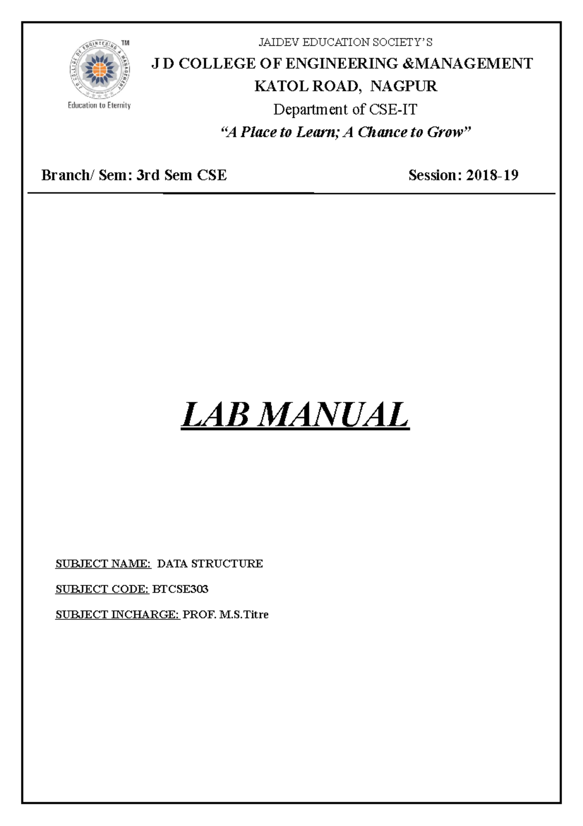 Lab manual DS - JAIDEV EDUCATION SOCIETY’S J D COLLEGE OF ENGINEERING ...