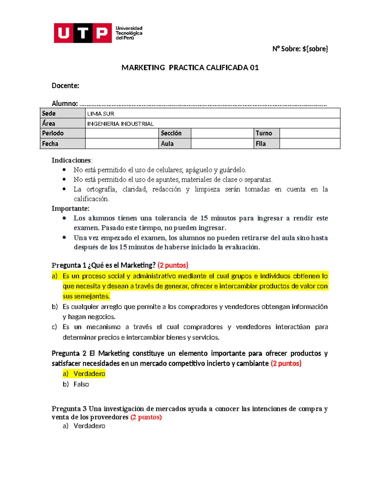 Practica calificada 1 - Marketing carrera ing industrial - N° Sobre ...