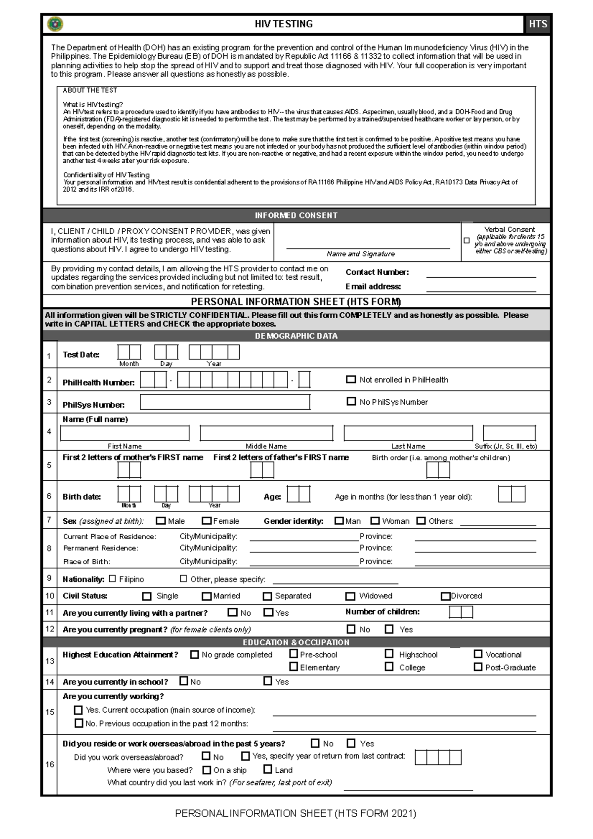 DOH EB FORM A Hivtesting - PERSONAL INFORMATION SHEET (HTS FORM 2021 ...