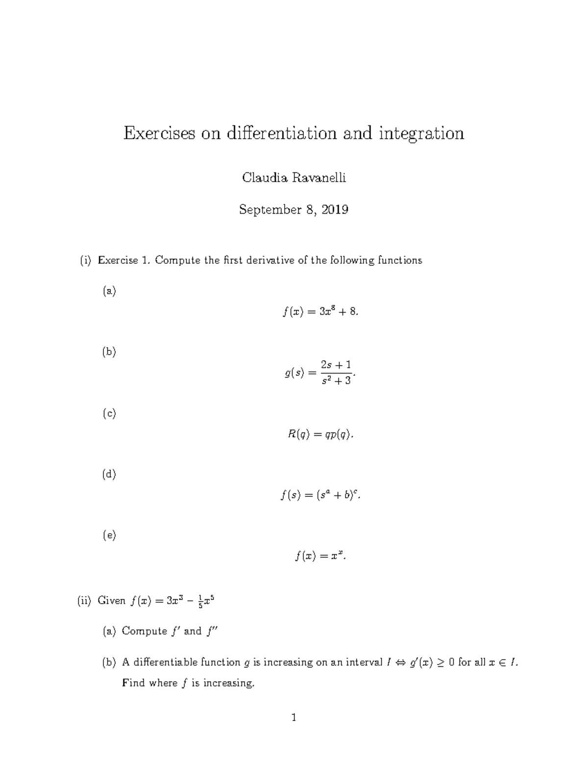 Exercises Calculus - Exercises on differentiation and integration ...
