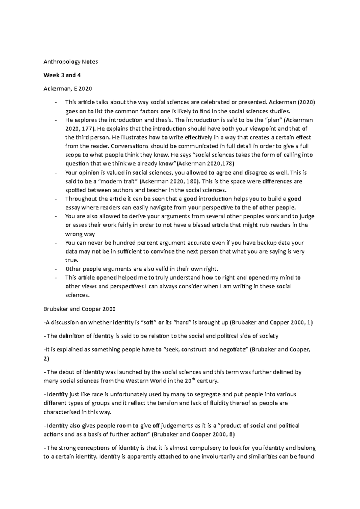 Anthropology Notes - Anthropology Notes Week 3 and 4 Ackerman, E 2020 ...