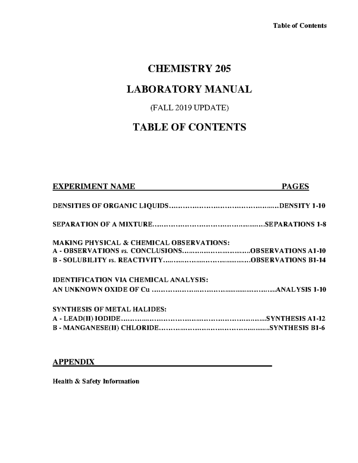 CHEM205 labmanual all 2019-final - Table of Contents CHEMISTRY 205 ...