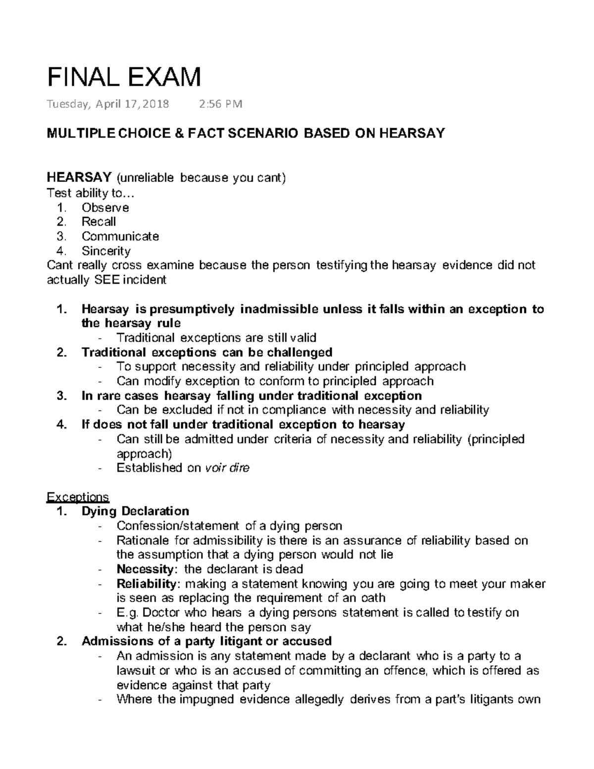Final EXAM Notes - FINAL EXAM Tuesday, April 17, 2018 2:56 PM MULTIPLE ...
