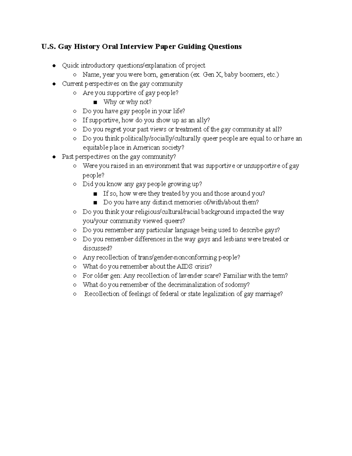 US Gay History Oral Interview Questions - U. Gay History Oral Interview ...